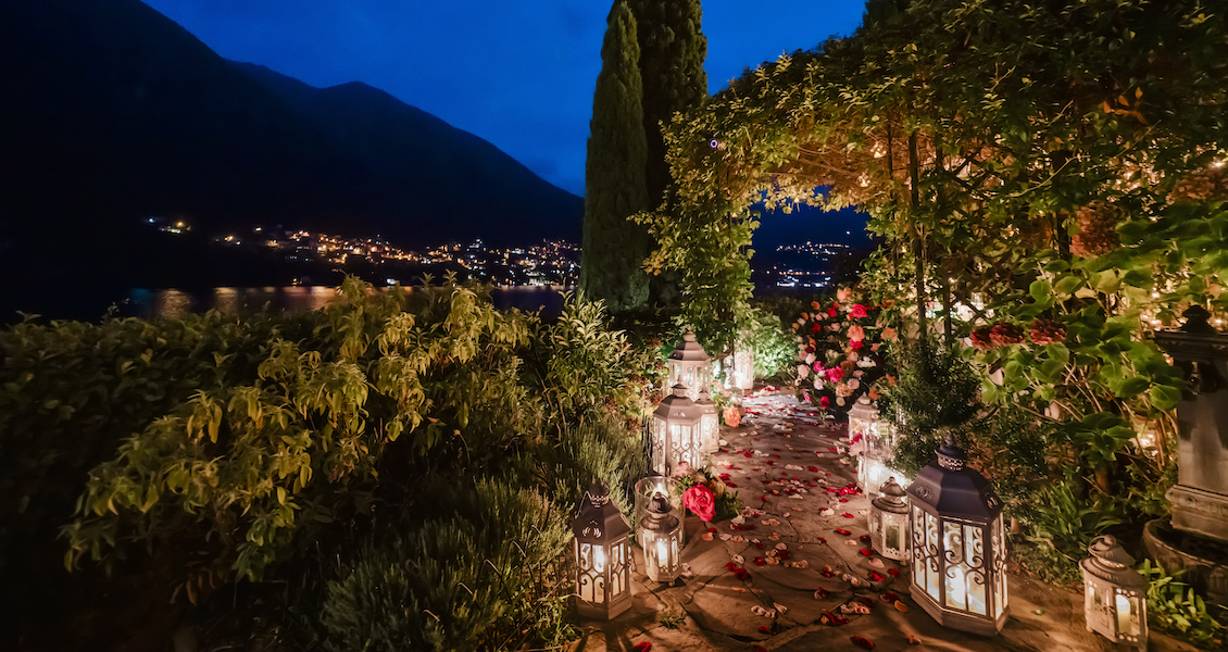Marriage proposal with a romantic view of Lake Como Italy